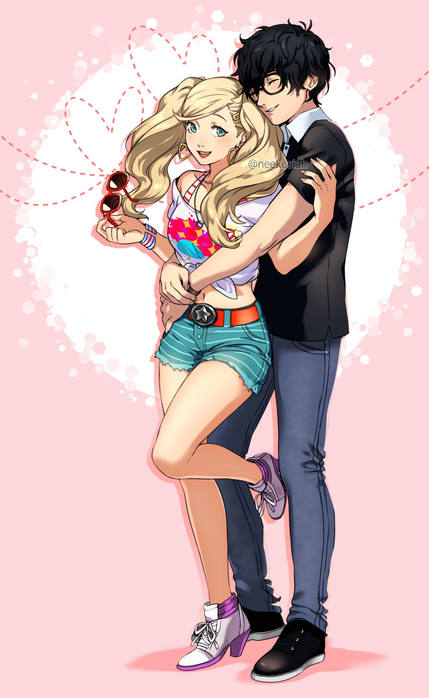 Safebooru - 1boy 1girl amamiya ren black-framed eyewear black footwear black hair blonde hair ...