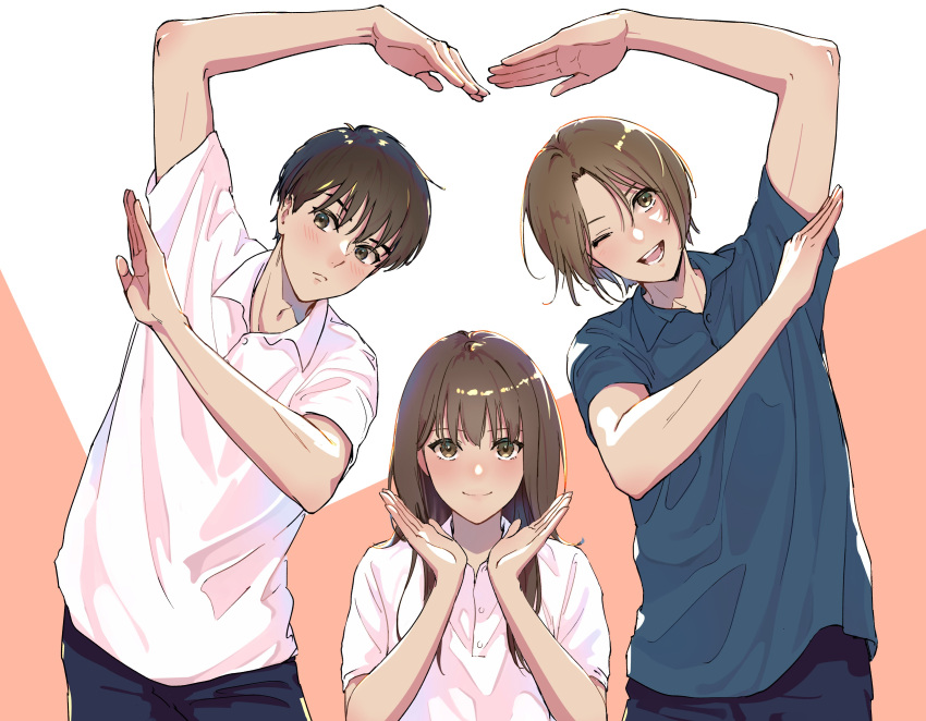 Safebooru - 1girl 2boys absurdres arms up black pants blue shirt blush brown eyes brown hair ...