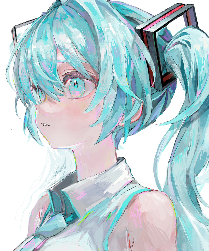 Safebooru - 1girl absurdres aqua eyes aqua hair aqua necktie arako o bare shoulders commentary ...