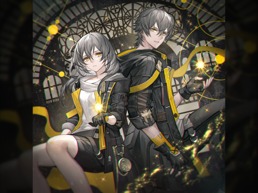 Safebooru - 1boy 1girl bare back black gloves black jacket black pants black skirt black sleeves ...