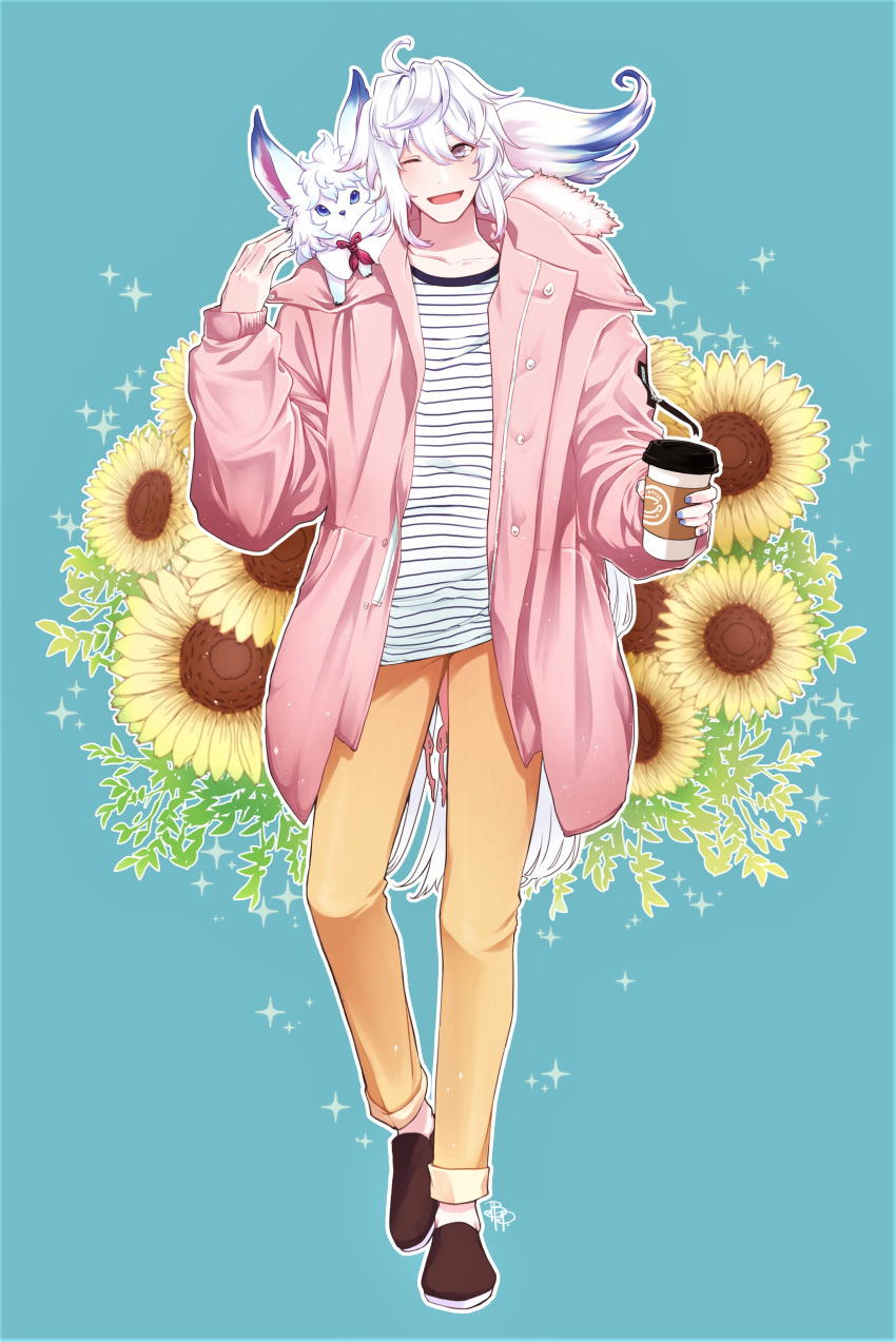 Safebooru - 1boy absurdres alternate costume blue background brill p ...