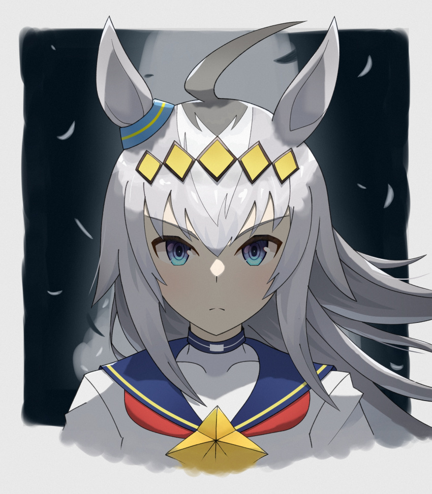 Safebooru - 1girl ahoge animal ears blue eyes border closed mouth ear ornament grey hair hair ...