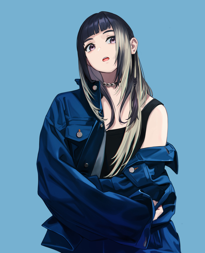 Safebooru - 1girl :o absurdres black eyes black hair black shirt blonde hair blue background ...