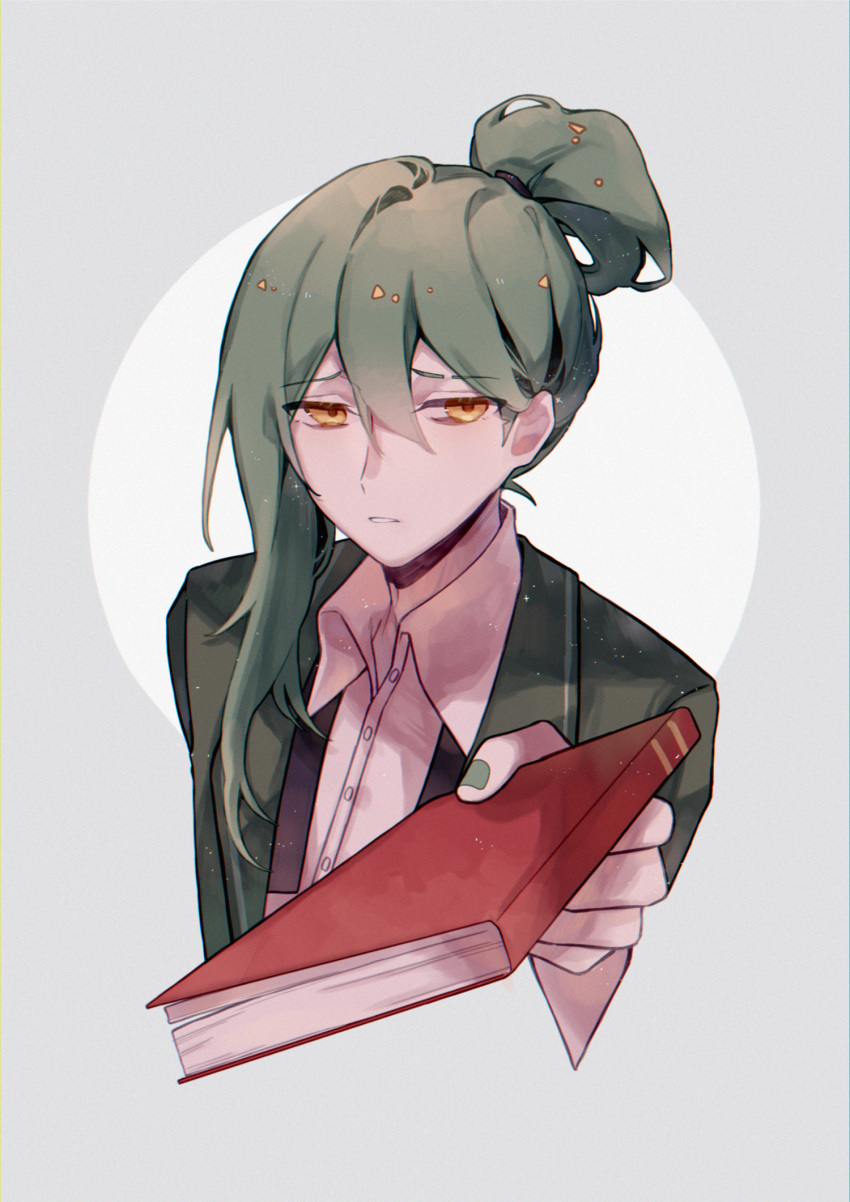 Safebooru - 1boy book collared shirt commentary green eyes green jacket ...