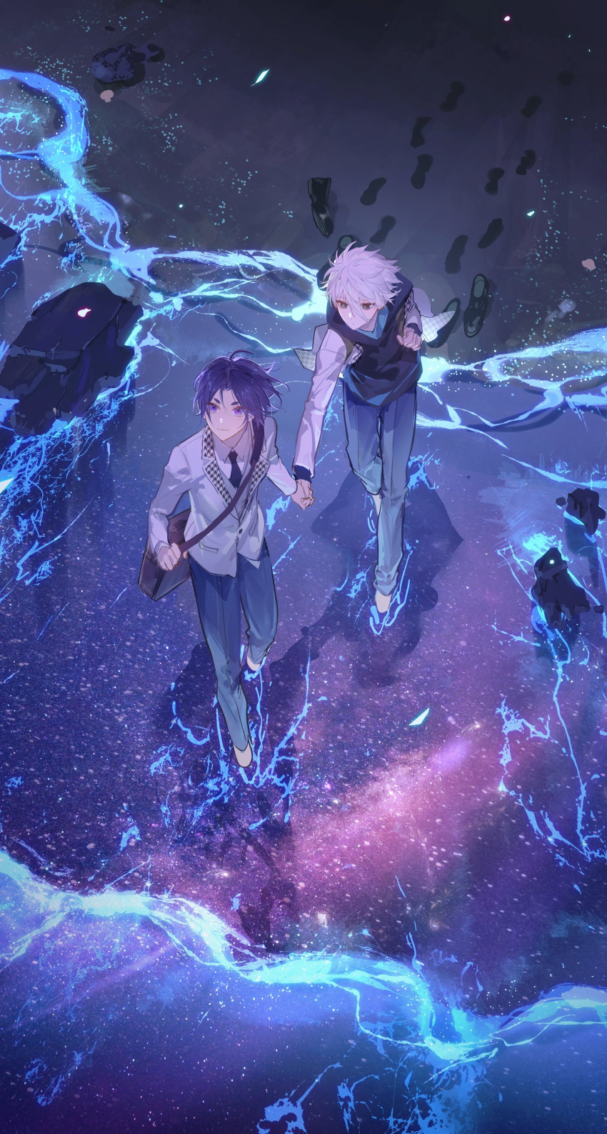 Safebooru - 2boys absurdres bag beach black eyes black hoodie black necktie black pants blue ...