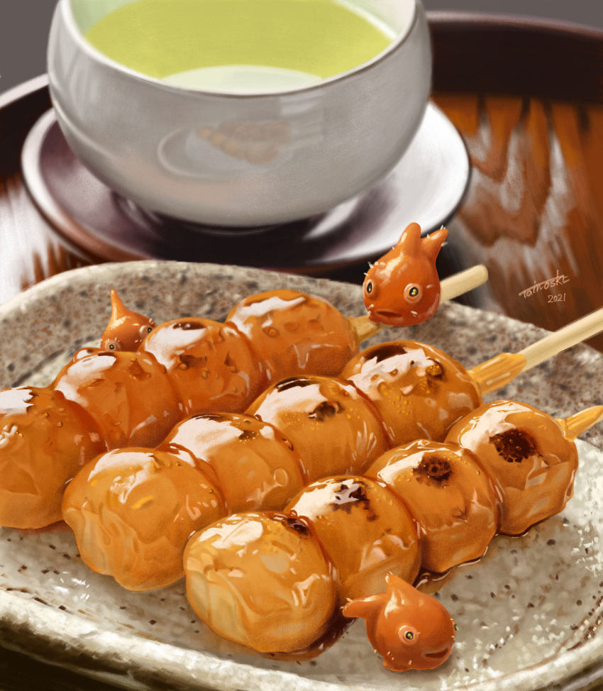 Safebooru - absurdres cup dango dated fish floating food food focus ...