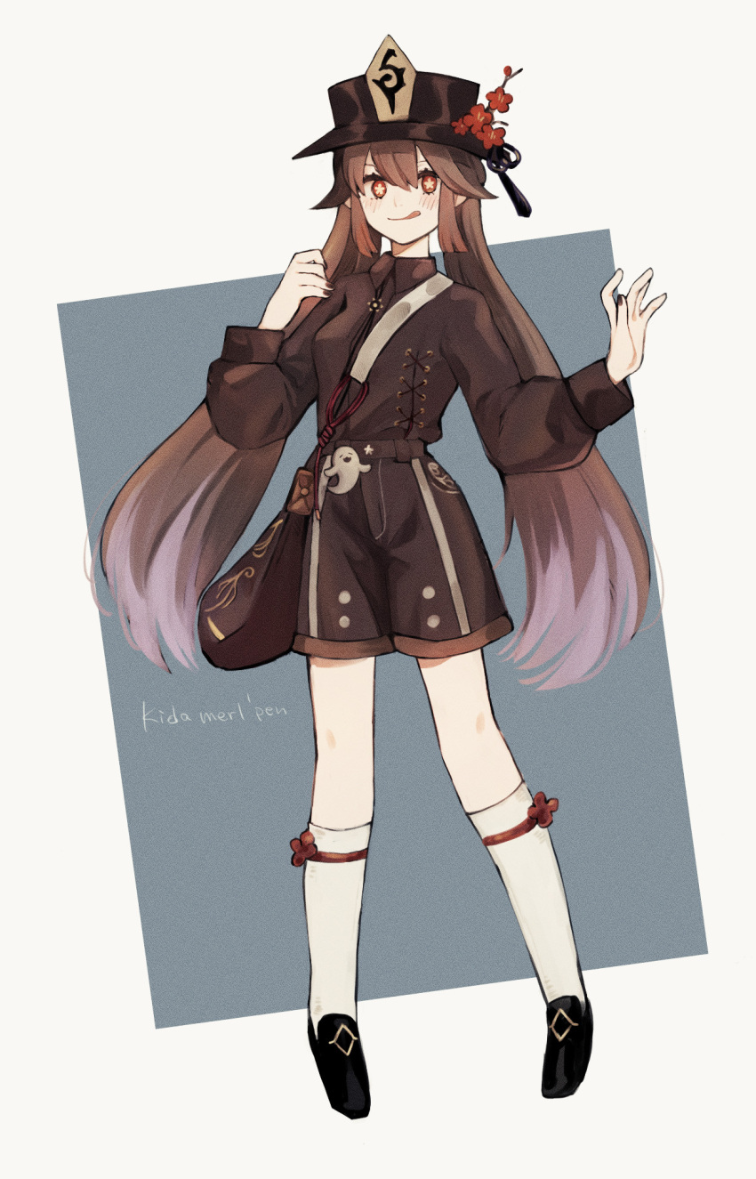 Safebooru - 1girl :q black footwear black headwear black jacket black shorts blush brown hair ...