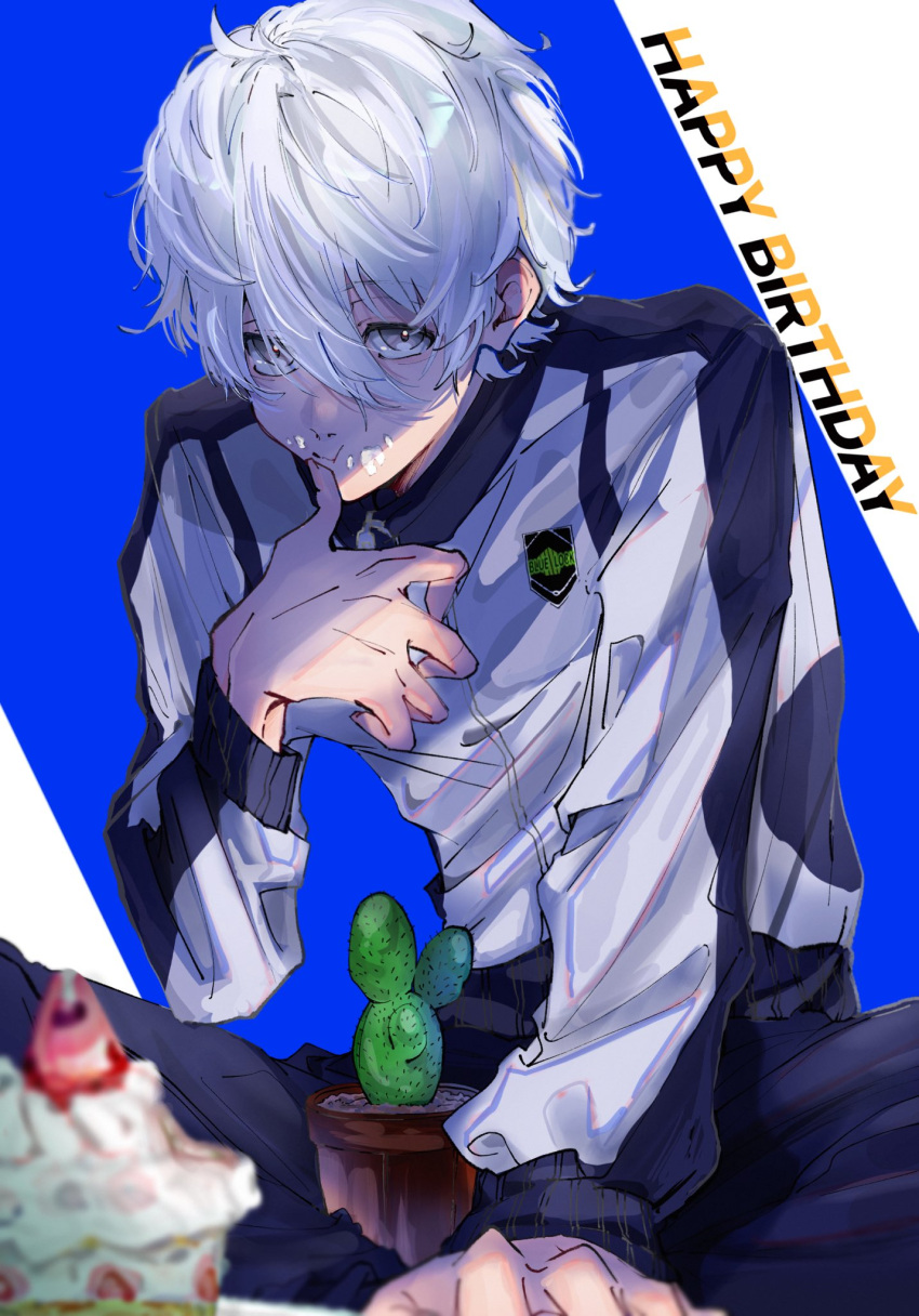 Safebooru - 1boy black eyes black pants blue background blue lock cactus cake dorawo food food ...