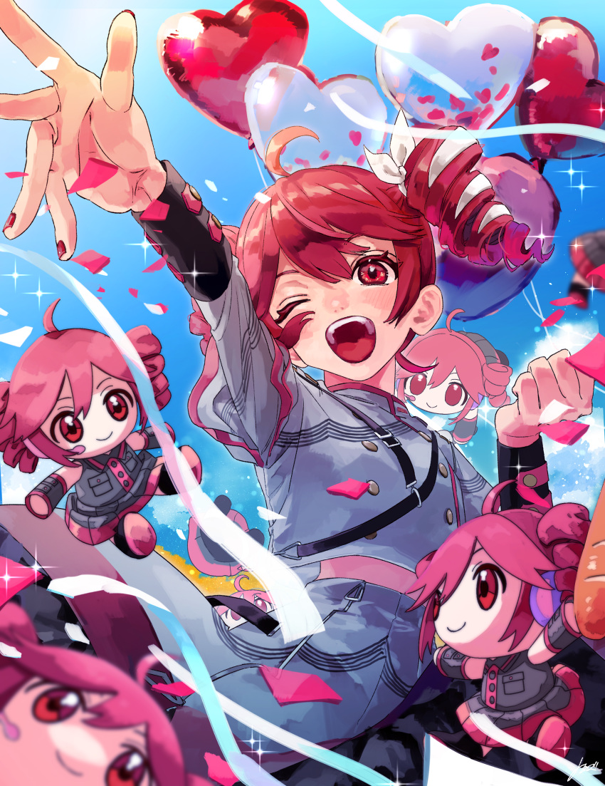 Safebooru - 1girl absurdres ahoge arm up balloon belt black belt blue sky blush bow buttons ...