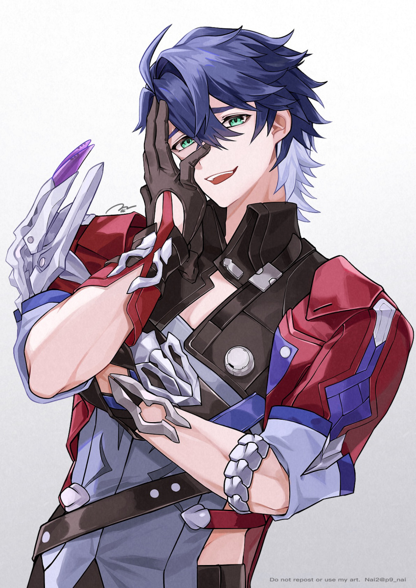 Safebooru - 1boy ahoge armor artist name belt black belt black gloves blue hair collared jacket ...