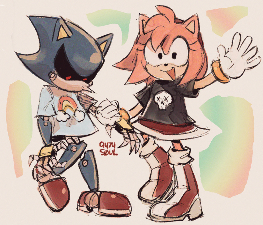 Safebooru - 1boy 1girl 9474s0ul amy rose animal ears animal nose arm grab arm up black eyes ...