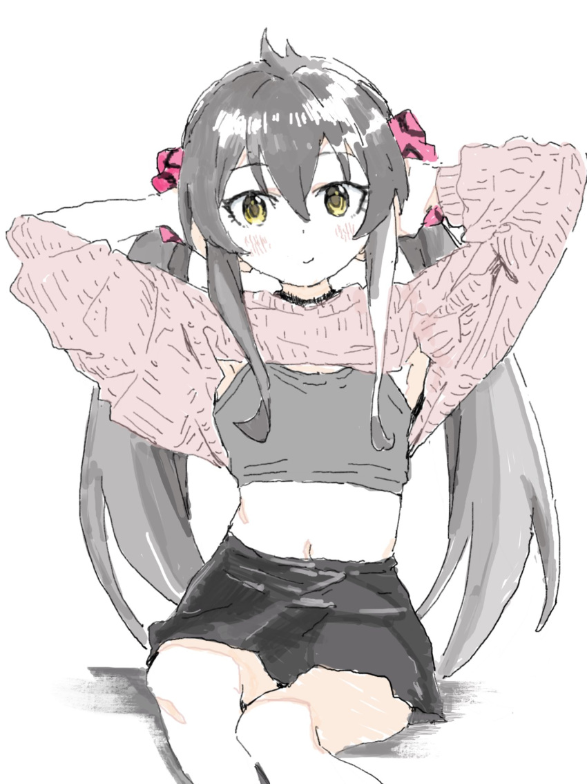 Safebooru - 1girl ahoge arms behind head arms up black hair crop top hair between eyes highres ...