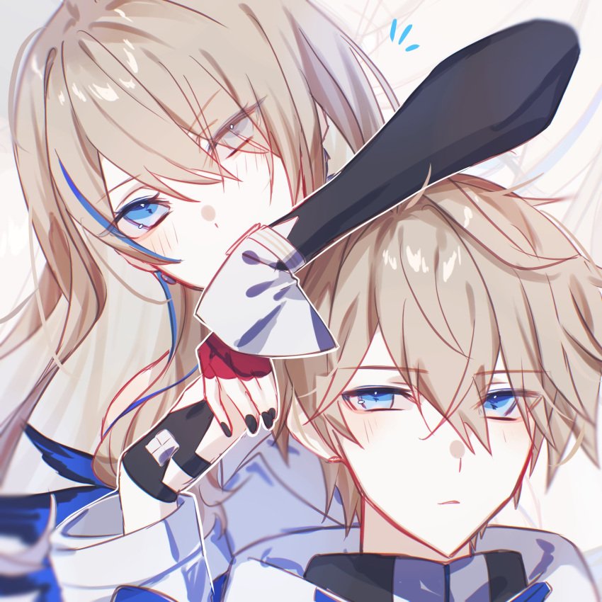 Safebooru - 1boy 1girl black nails blonde hair blue eyes blue hair blush brother and sister ...
