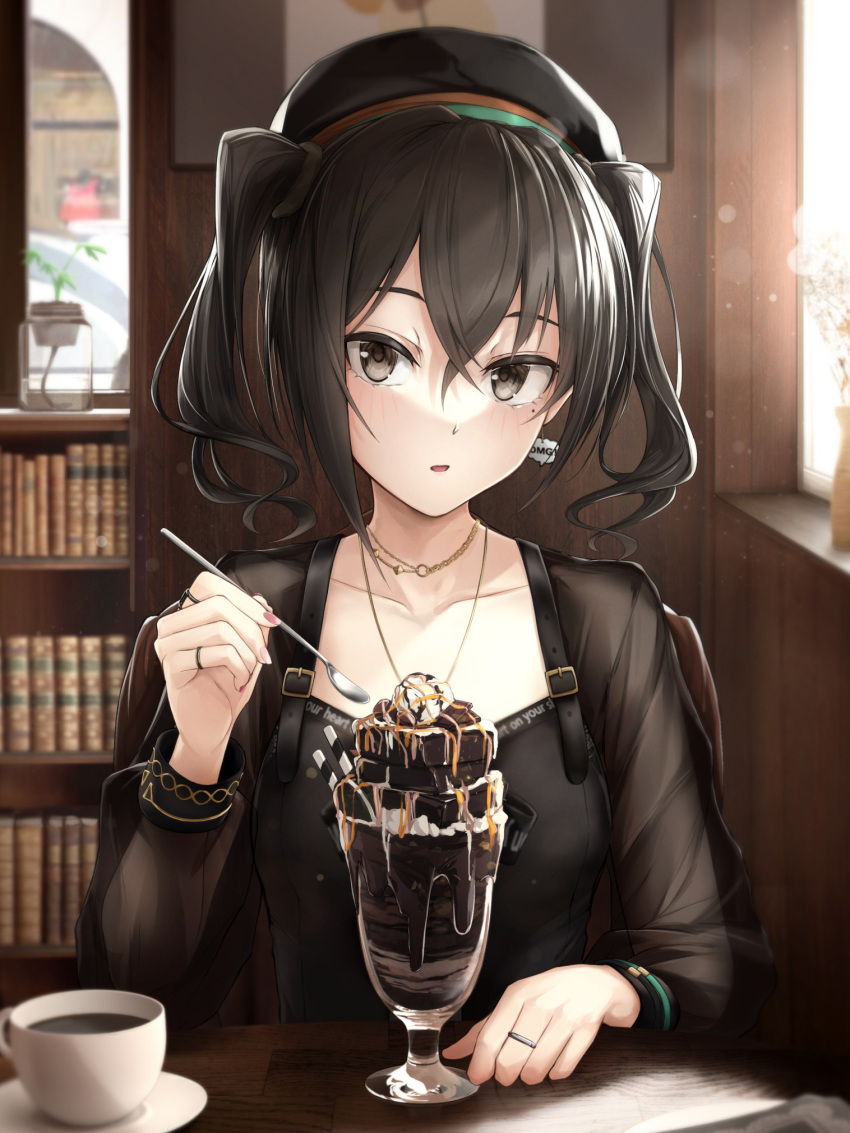 Safebooru - 1girl black eyes black hair black headwear black shirt blurry blurry background book ...