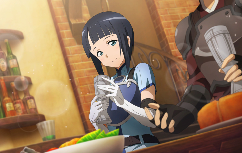 Safebooru - 1boy 1girl armor black gloves black hair blue armor blue shirt blunt bangs ...