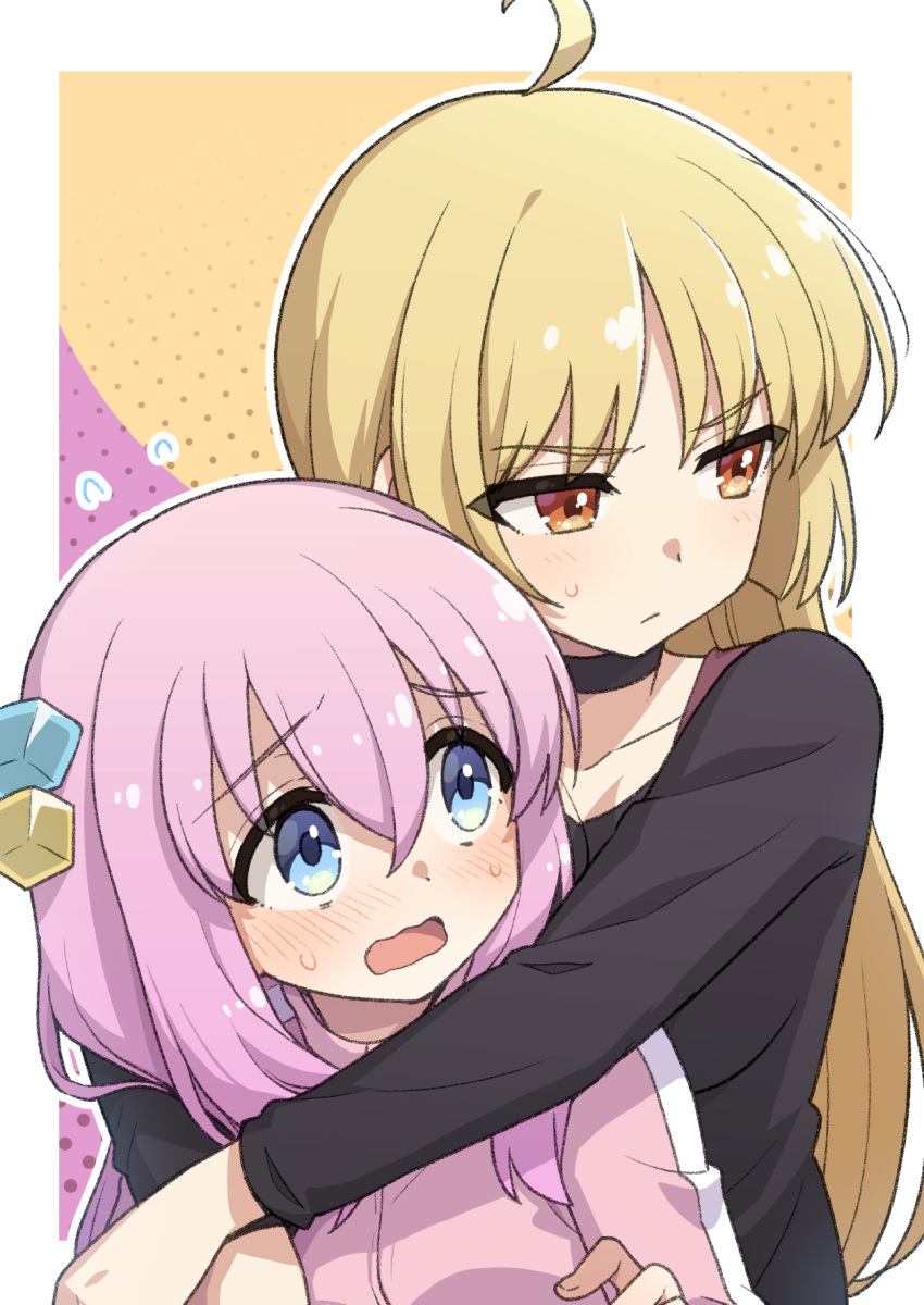 Safebooru - 2girls ahoge black shirt blonde hair blush bocchi the rock! brown eyes choker closed ...