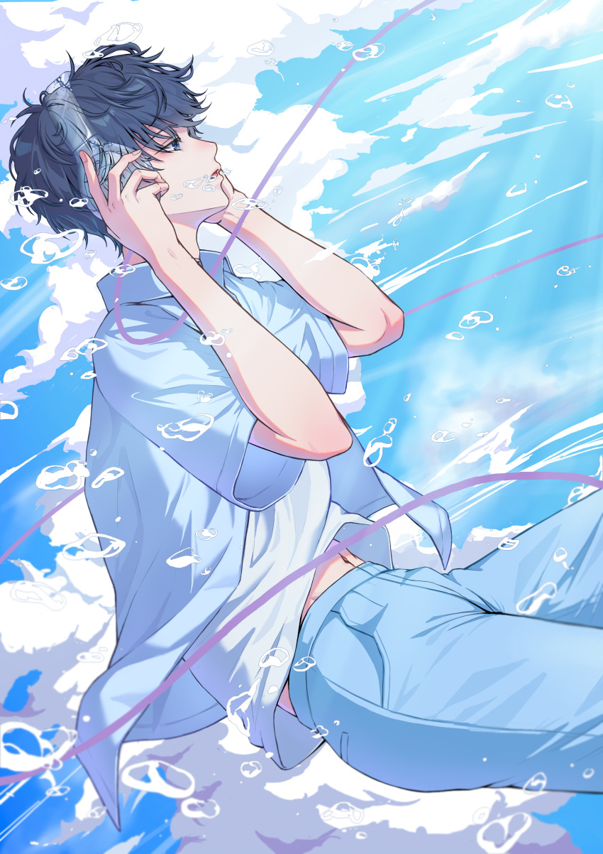 Safebooru - 1boy absurdres blue eyes blue hair blue pants blue shirt blue sky clouds collared ...