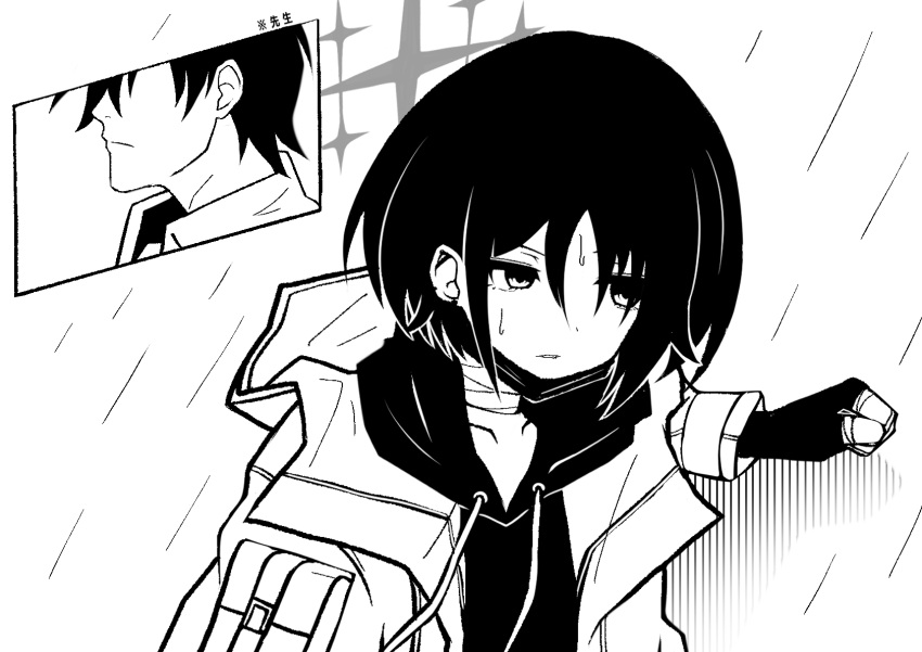 Safebooru - 1girl bandaged neck bandages black hoodie blue archive generic 33 greyscale highres ...