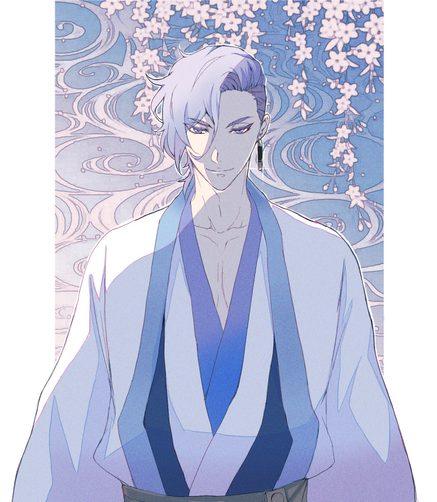 Safebooru - 1boy bishounen earrings glint grey eyes grey hair hair between eyes highres japanese ...