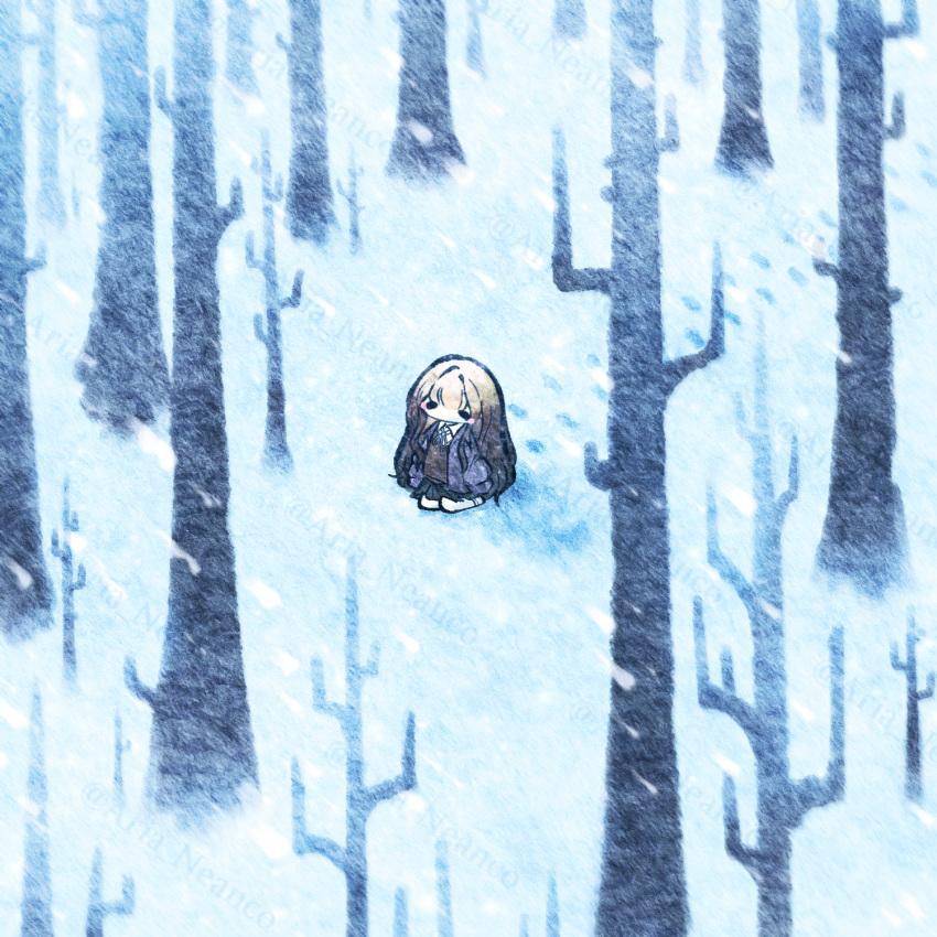 Safebooru - 1girl arianeanco blonde hair blue coat chibi coat forest highres nature original ...