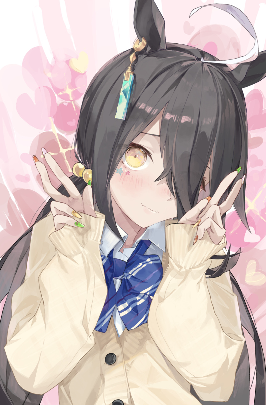 Safebooru - 1girl ahoge amano kokoko animal ears black hair blue bow blush bow cardigan double v ...