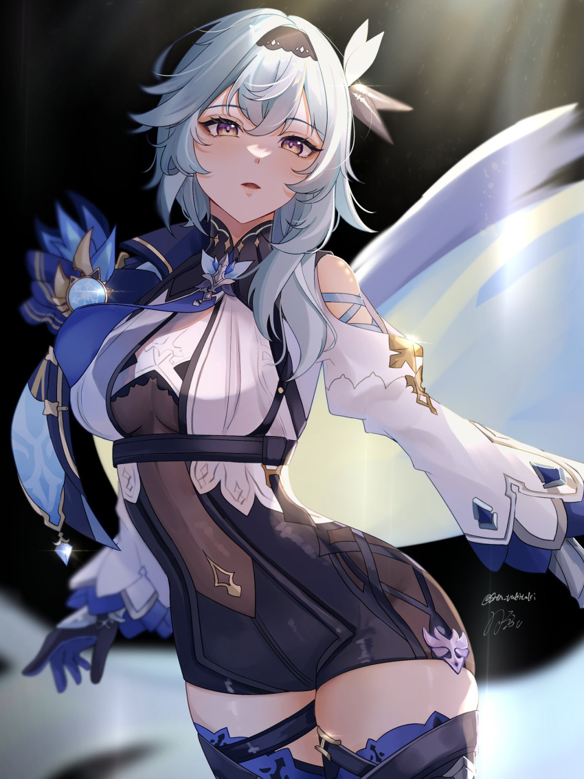 Safebooru - 1girl black background black hairband blue cape blue gloves blue hair blue necktie ...