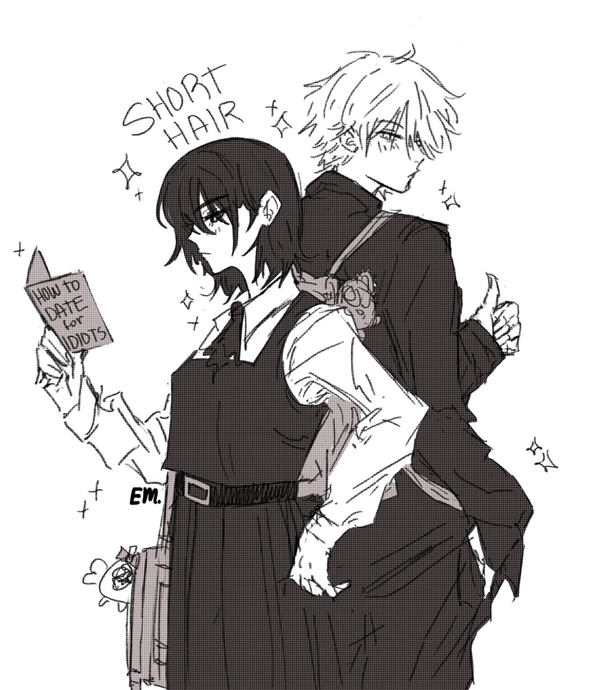 Safebooru - 1boy 1girl alternate hair length alternate hairstyle back-to-back backpack bag black ...