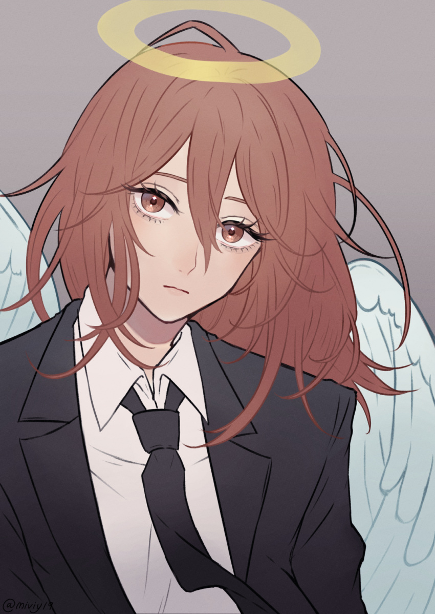 Safebooru - 1boy angel devil (chainsaw man) angel wings black jacket black necktie blazer brown ...