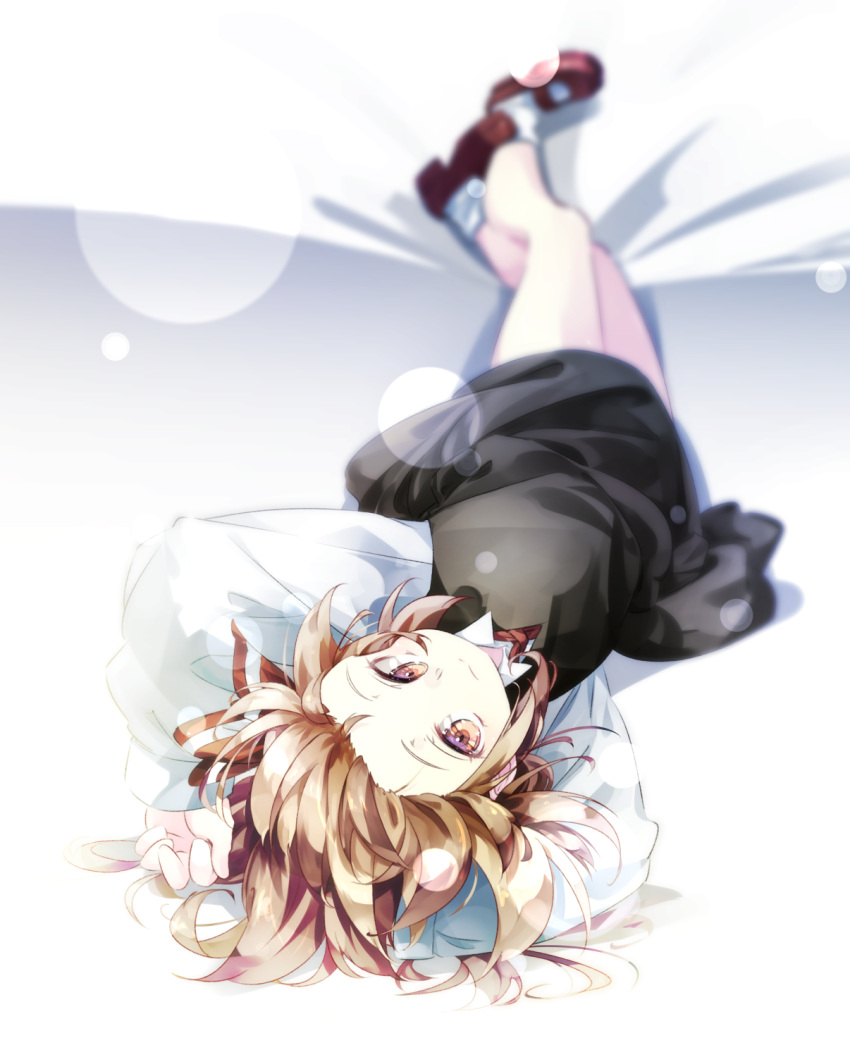 Safebooru - 1girl arms up bare legs black skirt black vest blonde hair blurry closed mouth depth ...