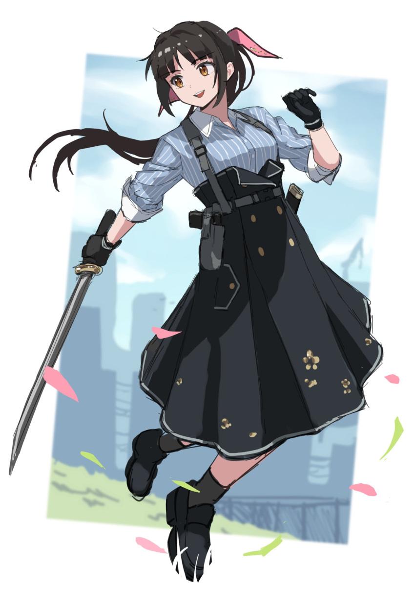 Safebooru - 1girl black footwear black gloves black hair black skirt black socks brown eyes ...