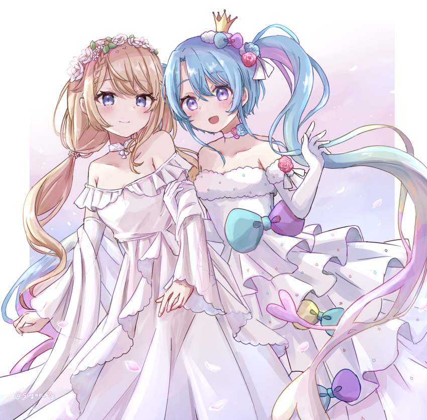 Safebooru - 2girls absurdres blonde hair blue hair bow cotonoha dress flower hair flower hair ...