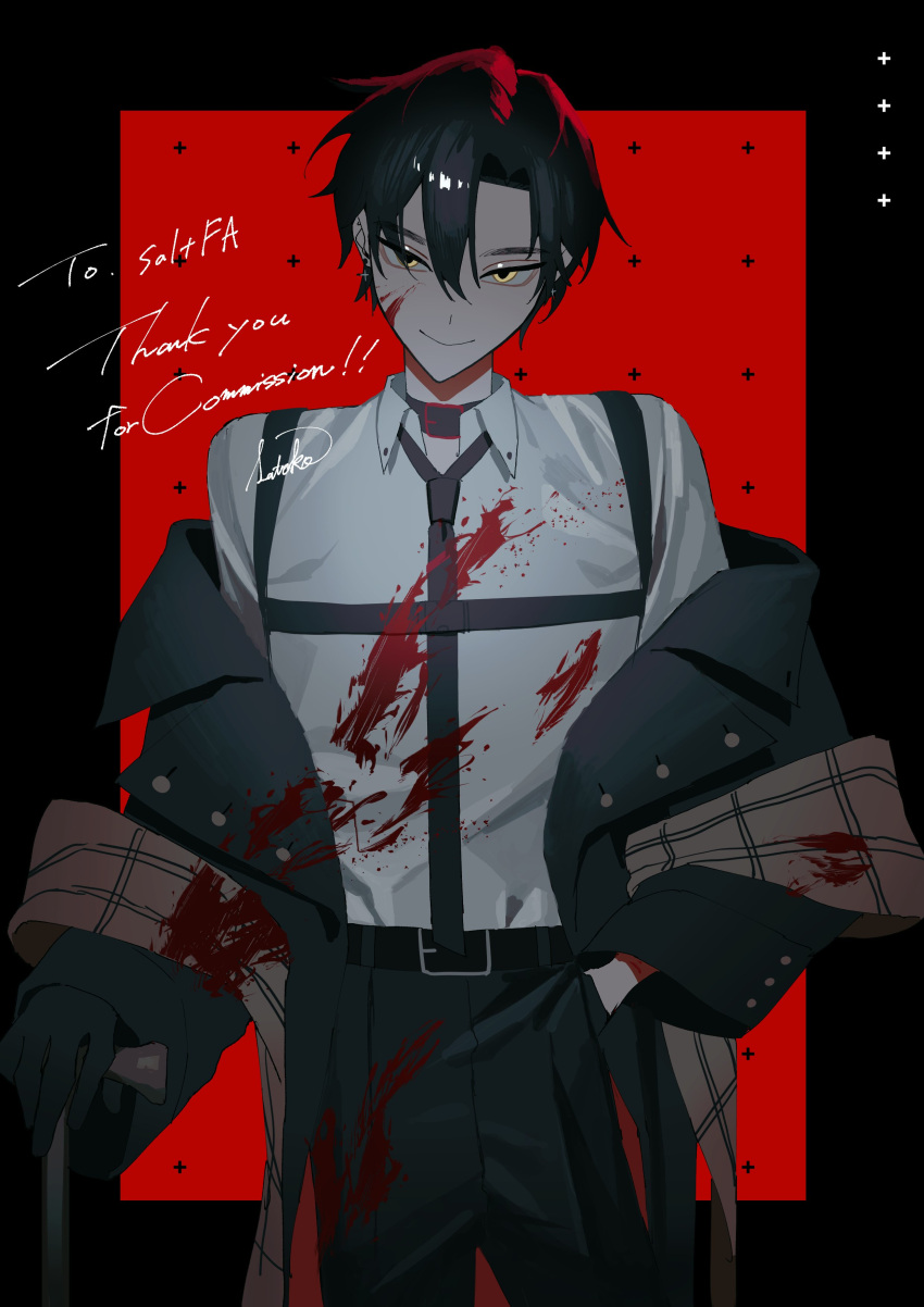 Safebooru - 1boy absurdres belt black belt black hair black necktie black pants blood blood ...