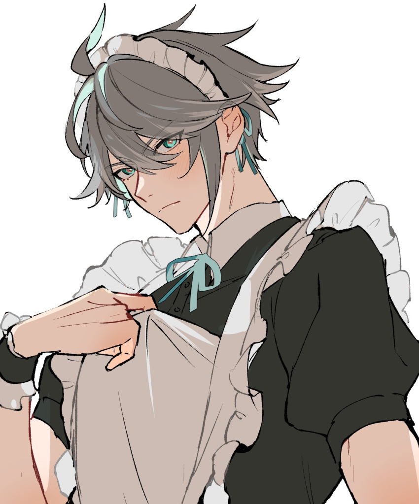 Safebooru - 1boy alhaitham (genshin impact) apron aqua eyes aqua hair black dress blush closed ...