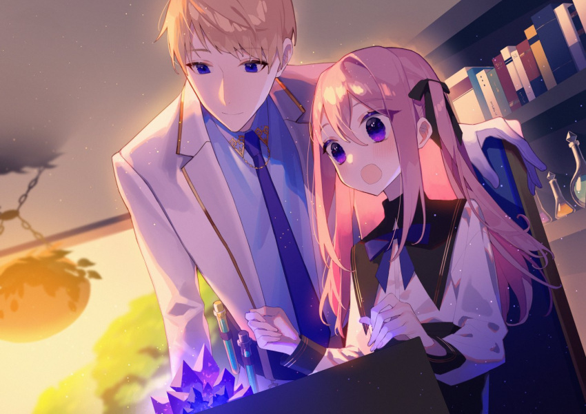 Safebooru - 1boy 1girl black ribbon blonde hair blue eyes blue necktie blue ribbon blue shirt ...