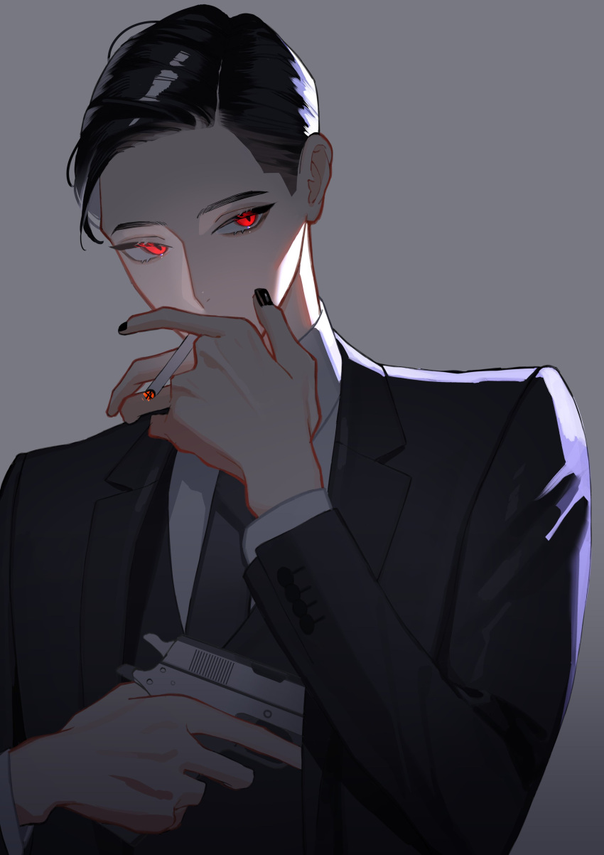 Safebooru - 1boy absurdres black hair black nails cigarette collared shirt covering mouth formal ...