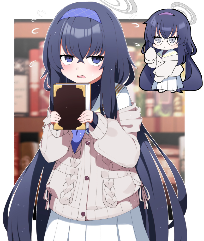 Safebooru - 1girl absurdres black hair blue archive book bookshelf flying sweatdrops hair ...