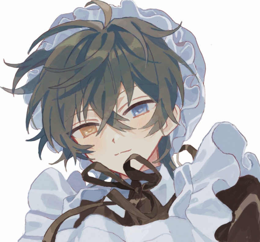 Safebooru - 1boy 88uhhi apron black dress black hair black ribbon blue eyes blush closed mouth ...