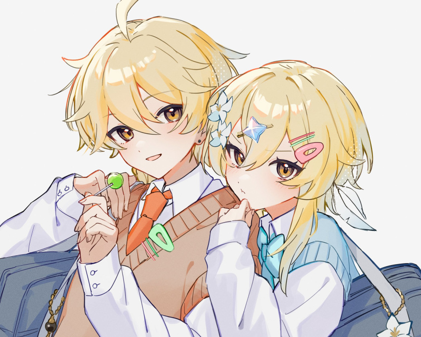 Safebooru - 1boy 1girl aether (genshin impact) alternate costume bag blonde hair blush bow ...