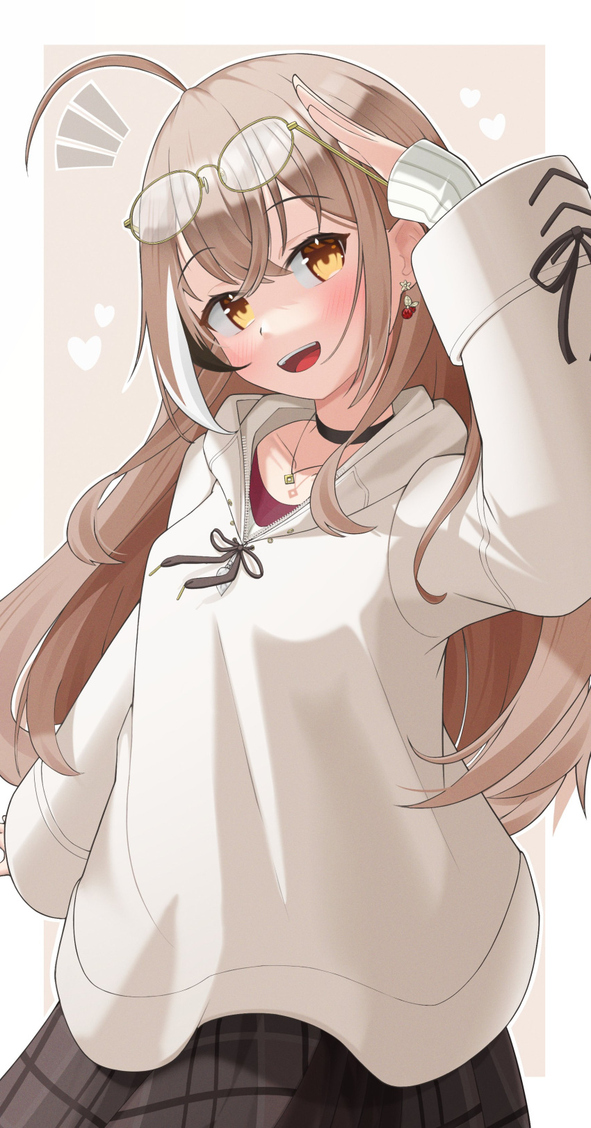 Safebooru - 1girl :d absurdres ahoge berry black choker brown eyes brown hair brown hoodie brown ...