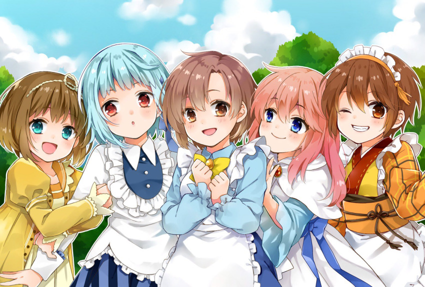 Safebooru - 5girls apron blue dress blue eyes blue hair blue sky blush ...
