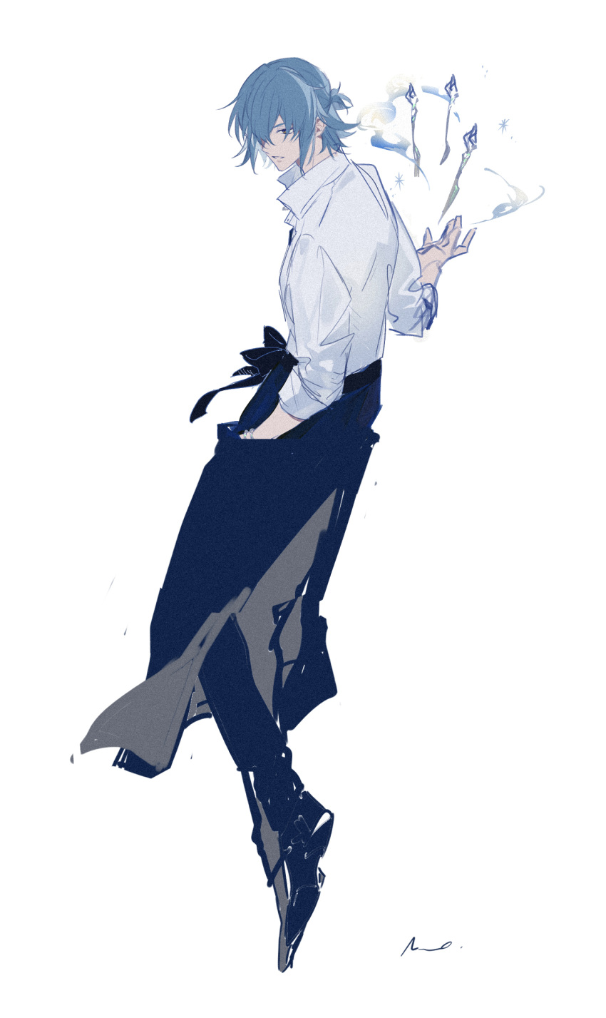Safebooru - 1boy anno meiji apron black apron black pants blue hair collared shirt full body ...