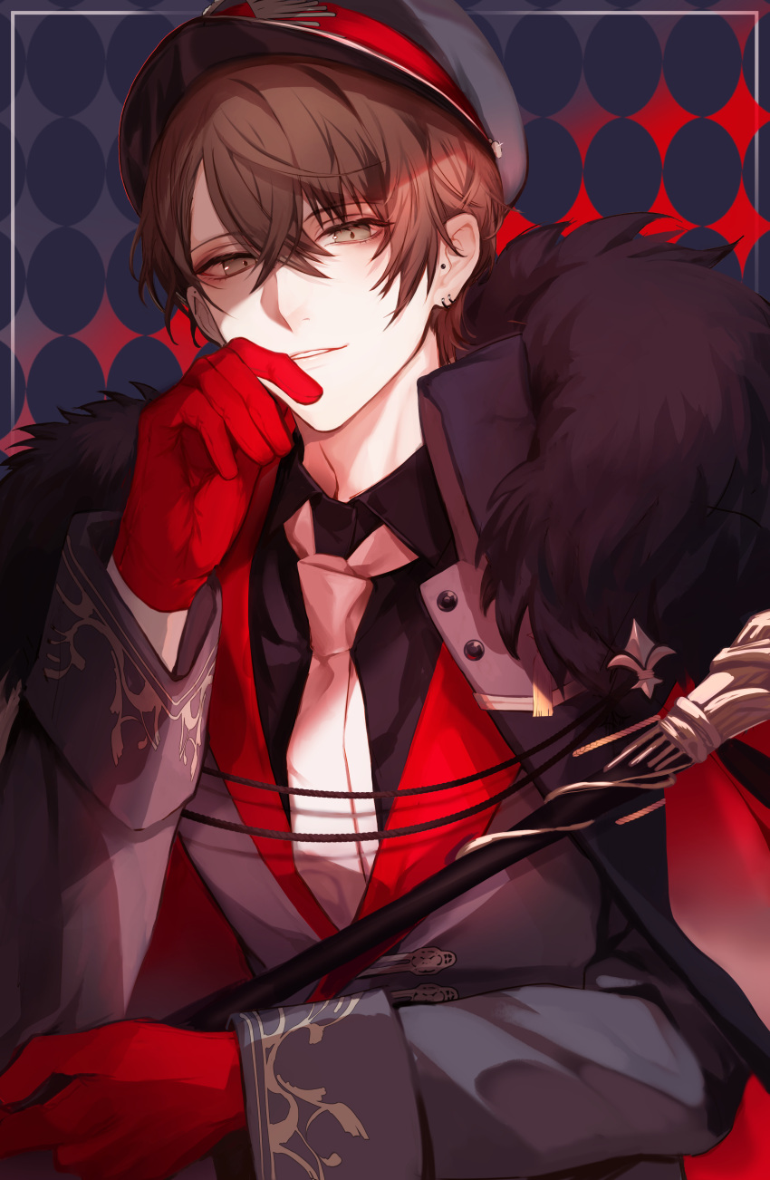 Safebooru - 1boy absurdres black fur black shirt brown hair cane coat coat on shoulders collared ...