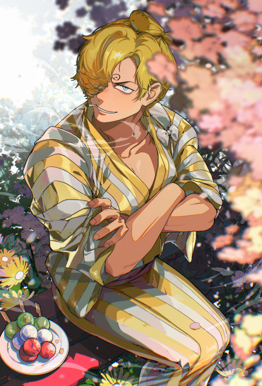 Safebooru - absurdres blonde hair cherry blossoms cigarette curly ...