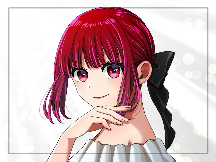 Safebooru - 1girl alternate hairstyle annu7 arima kana bare shoulders black bow bow closed mouth ...