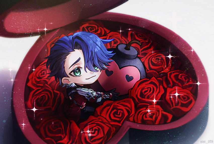 Safebooru - 1boy black gloves bomb box chibi explosive flower gloves ...