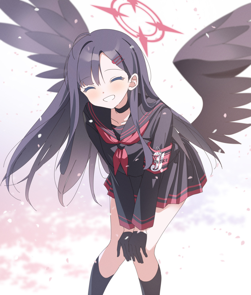 Safebooru - 1girl angel wings black gloves black hair black serafuku black skirt black socks ...