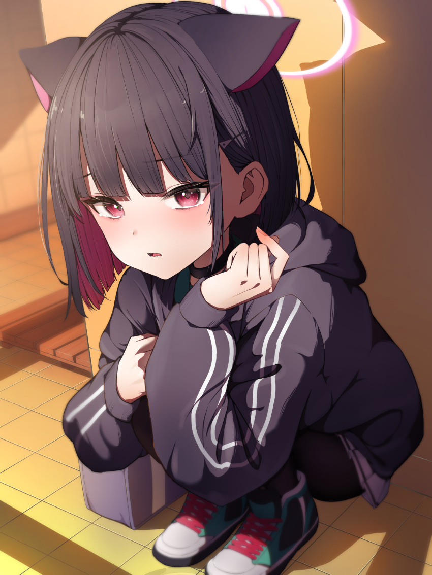 Safebooru - 1girl absurdres animal ears bananafish1111 black hair black hoodie black pantyhose ...