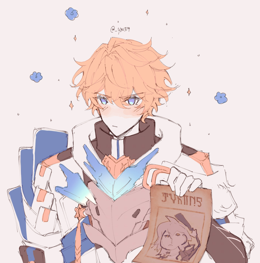 Safebooru - 1boy armor bishounen blonde hair blue eyes blush flower gepard landau gloves highres ...