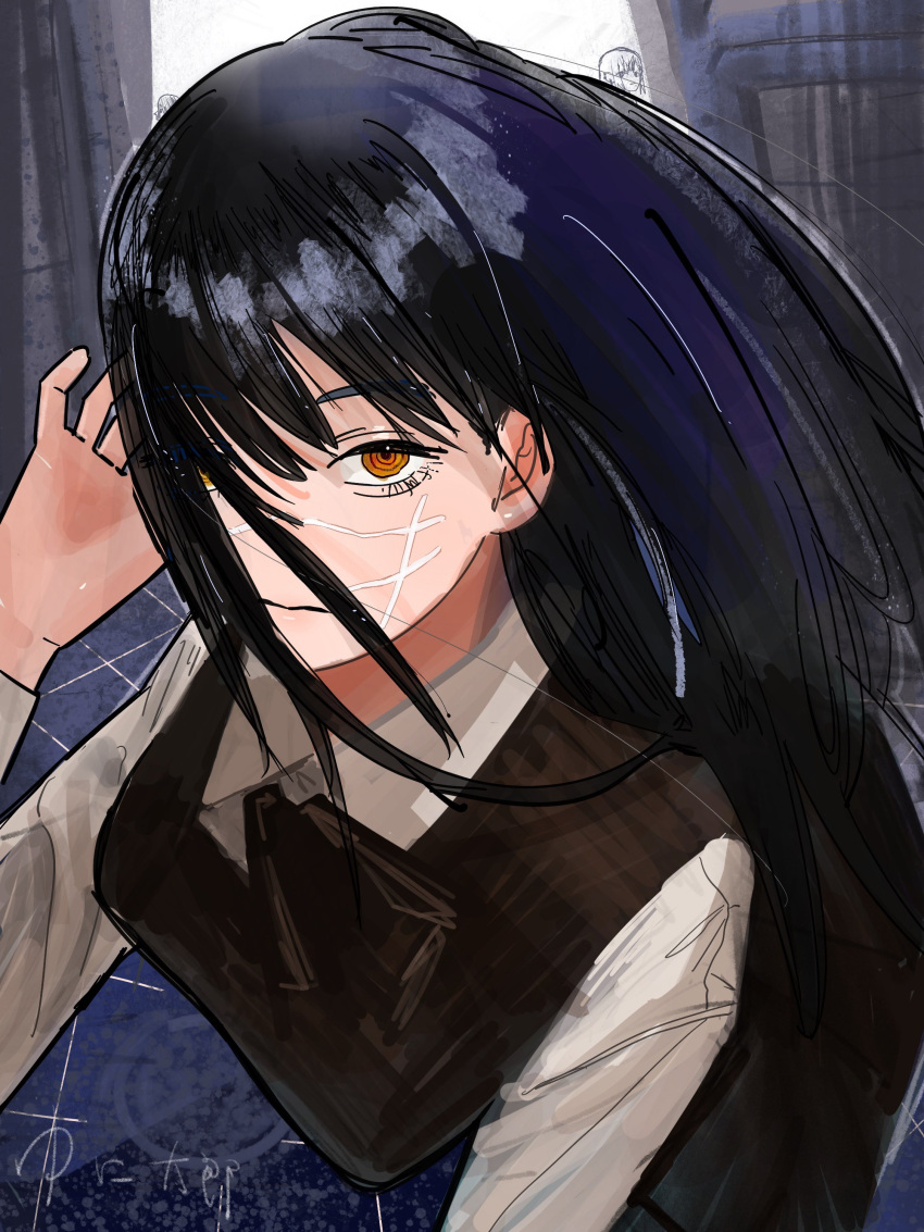 Safebooru - 1girl absurdres black hair chainsaw man cross scar dress fourth east high school ...