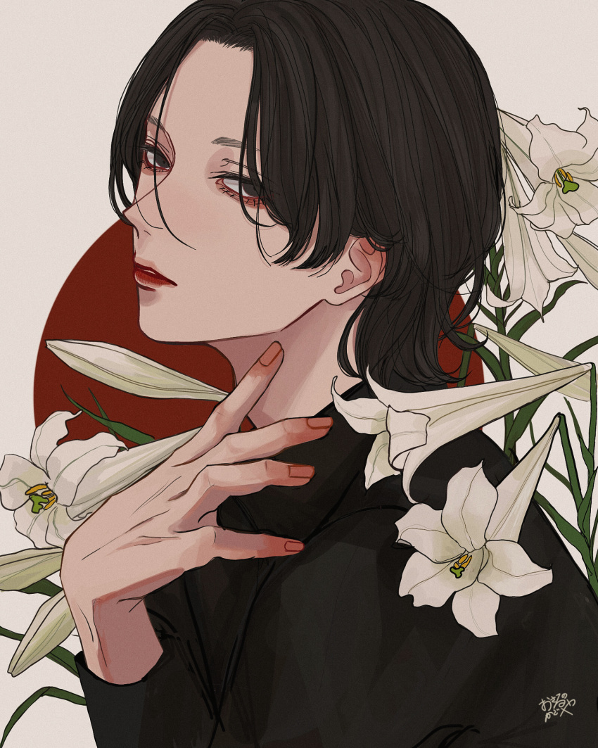 Safebooru - 1boy bishounen black eyes black hair black shirt closed mouth fingernails flower ...